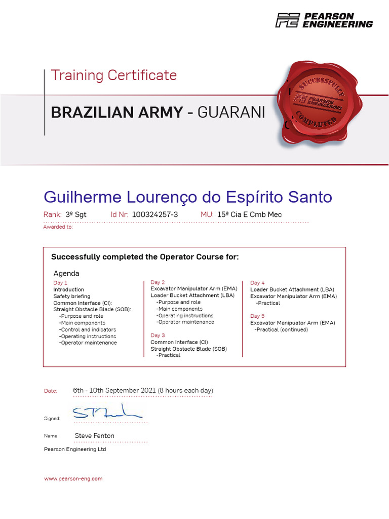 Pearson Guarani Operator Training Certificate - Guilherme | PDF | Construction Equipment ...