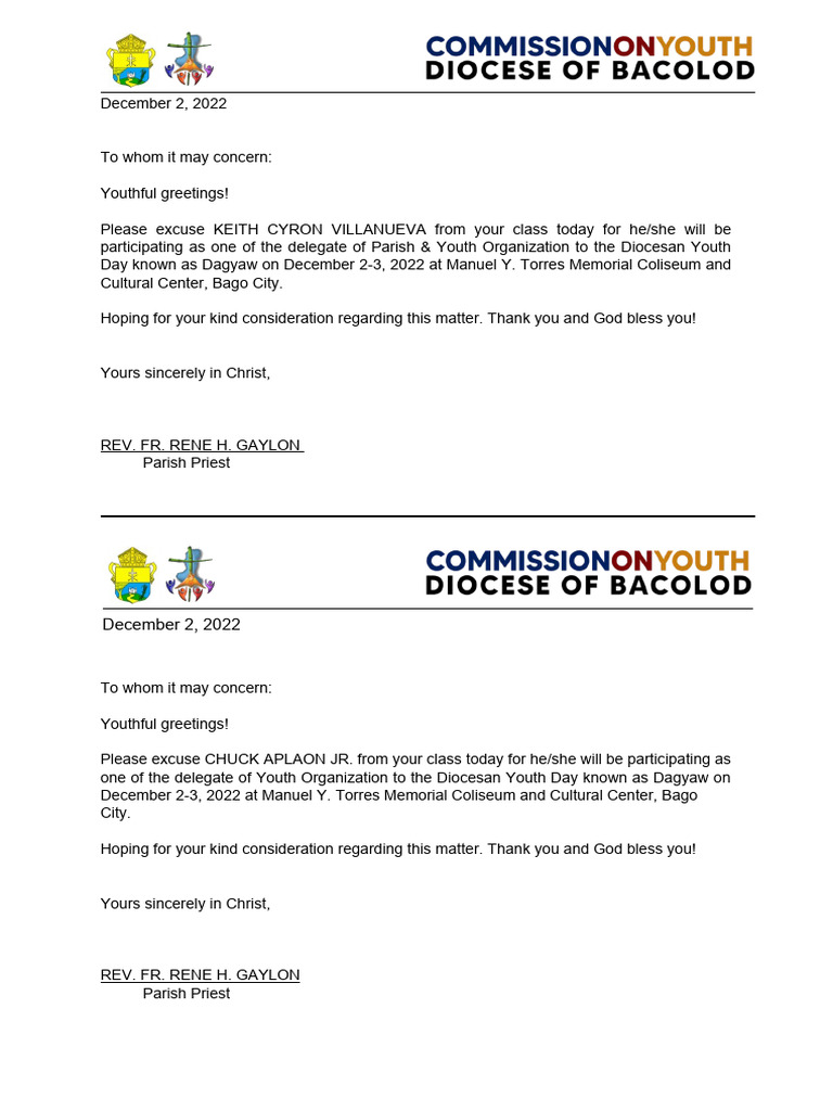 Dagyaw 2022 Excuse Letter | PDF | Church Organization | Christian ...