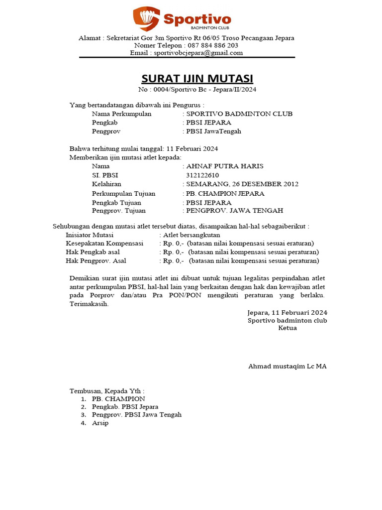 KOP Surat Ijin Sportivo Ahnaf | PDF