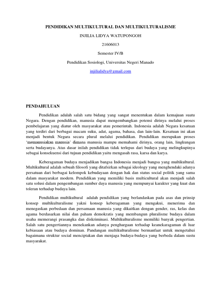Pendidikan Multikultural Dan Multikulturalisme Injilia Watupongoh 1 Pdf