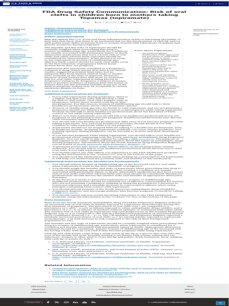 FDA Drug Safety Communication Risk of Oral Clefts in Children Born To Mothers Taking Topamax ...