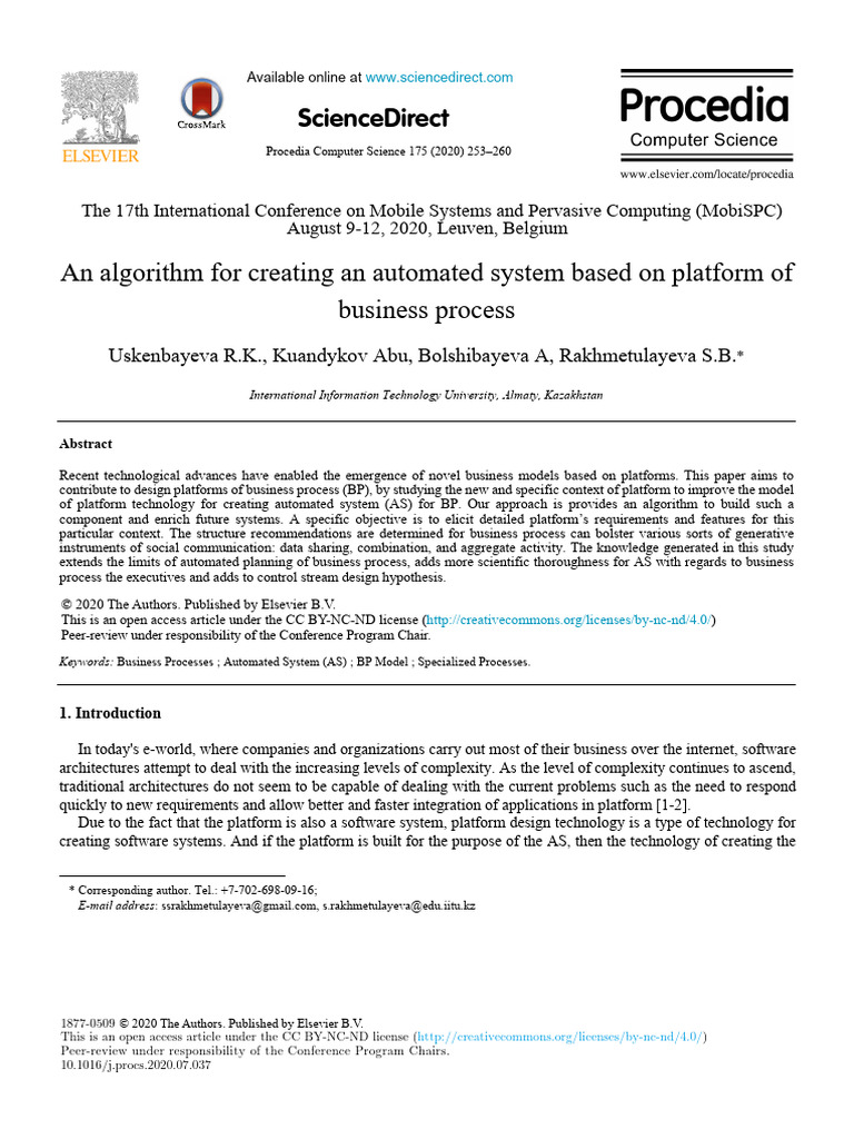 An Algorithm For Creating An Automated System Based On 2020 Procedia Compute Pdf 