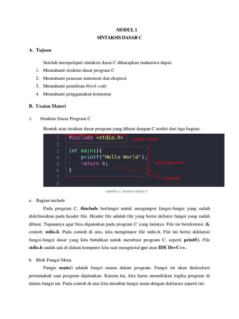 MODUL 1 Sintaksis Dasar C | PDF