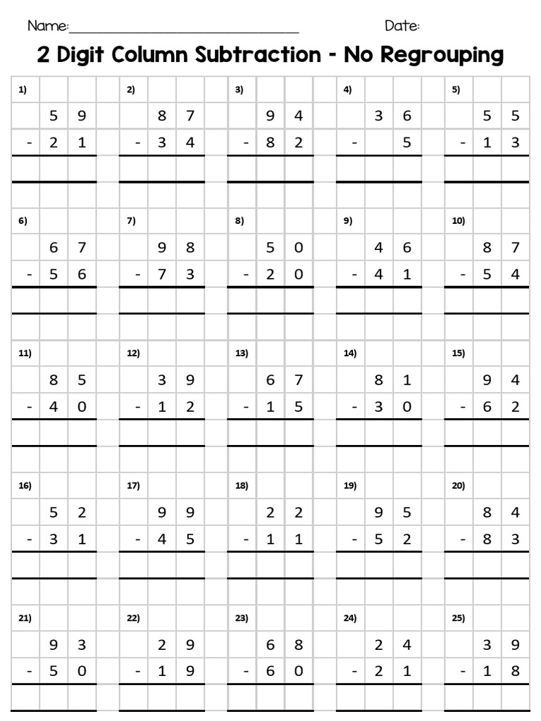 2 Digit Column Subtraction - No Regrouping: Name: - Date | PDF