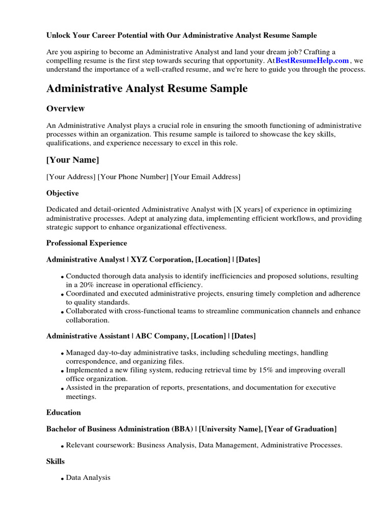 Administrative Analyst Resume Sample | Download Free PDF | Project ...