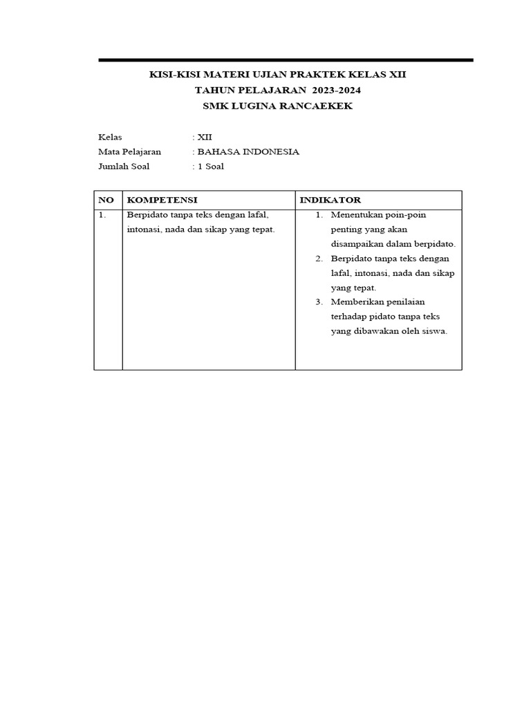 Kisi-Kisi Ujian Praktek Bahasa Indonesia | PDF