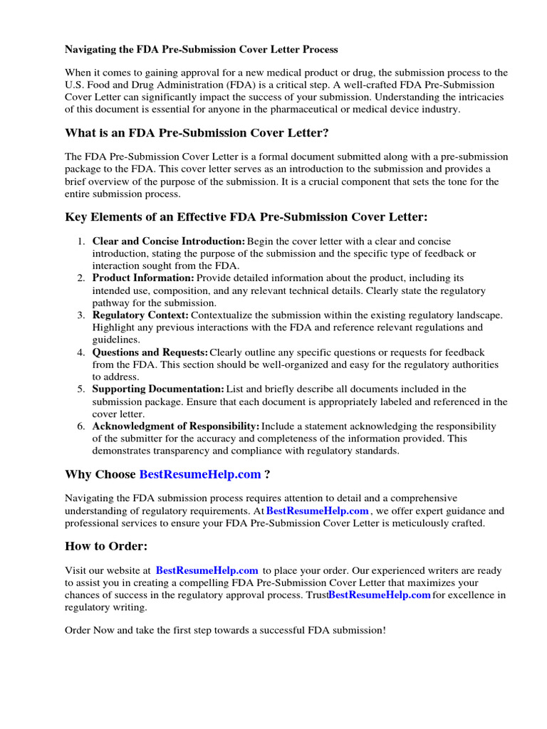 FDA Pre Submission Cover Letter | PDF | Food And Drug Administration ...