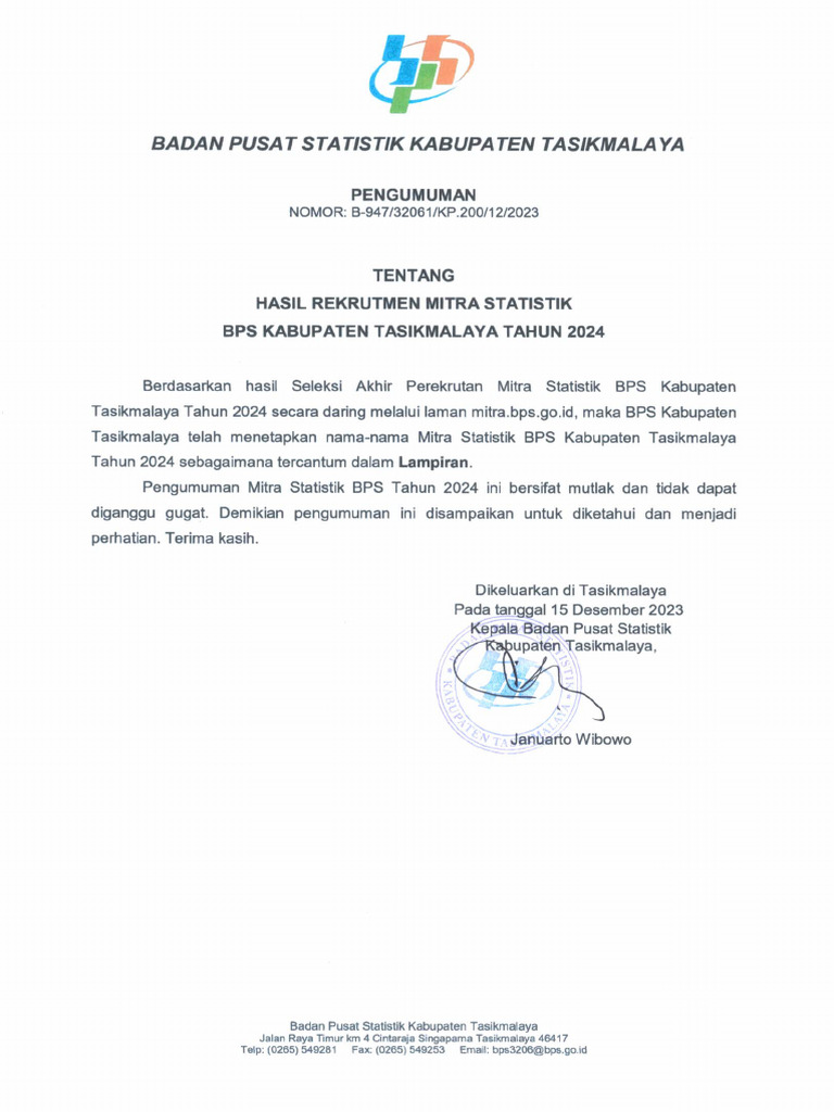 Pengumuman Hasil Rekrutmen Mitra Statistik BPS Kab. Tasikmalaya | PDF