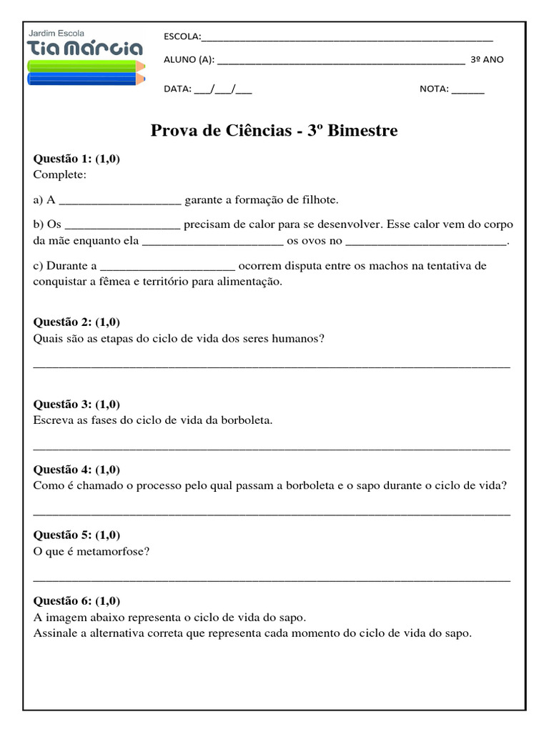 Prova 3b - 3º Ano Ciências | PDF
