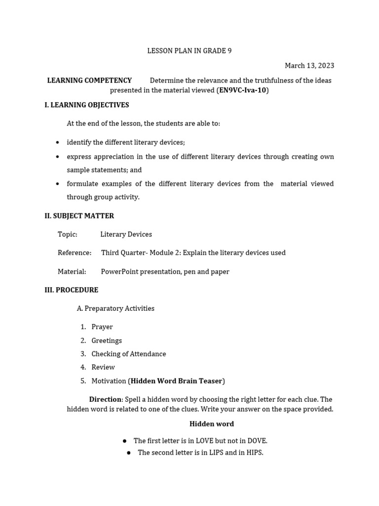 Lesson Plan in Grade 9 Litces | PDF | Characters In Romeo And Juliet