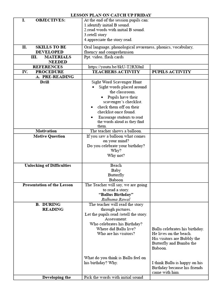 Grade 1 Catch Up Friday Lesson Plan | PDF | Reading (Process ...