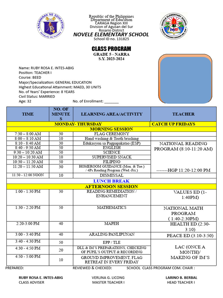 Class Program Abig | PDF | Educational Institutions | Schools