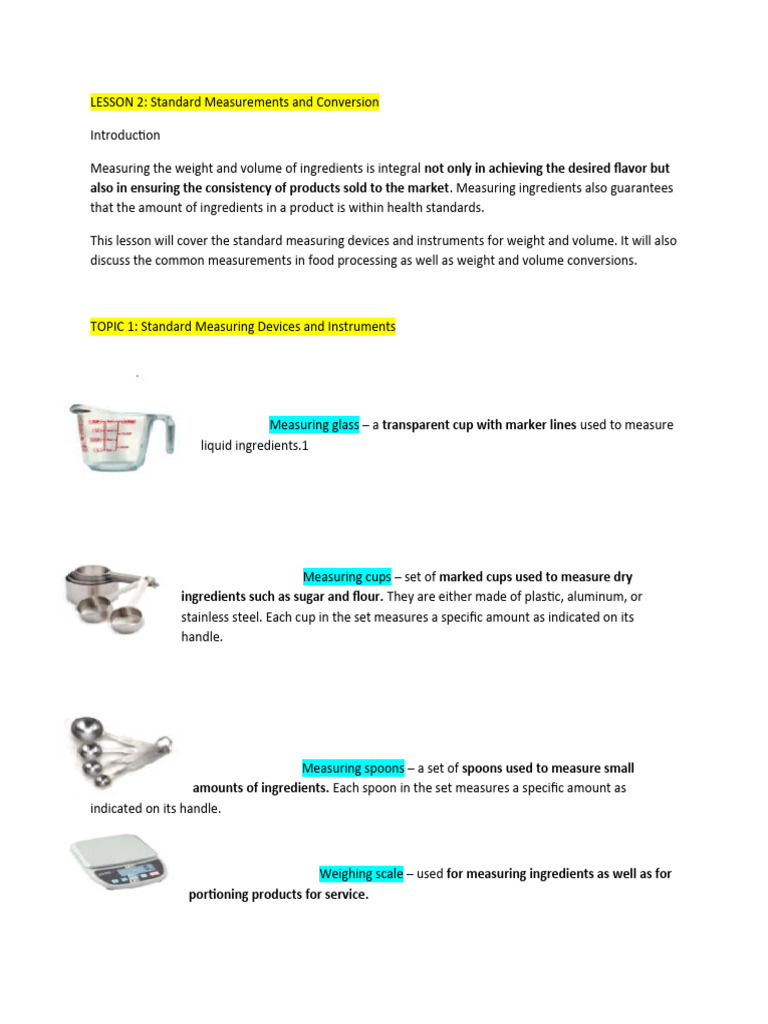 UNIT 3 - LESSON 2 - Standard Measurement and Conversion (FOOD Processing) | PDF