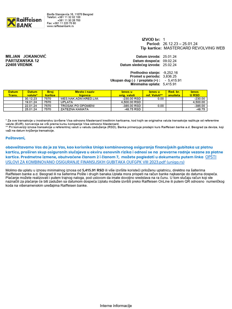 Izvod Broj 1 Po Kreditnoj Kartici 518289XXXXXX6765 | PDF
