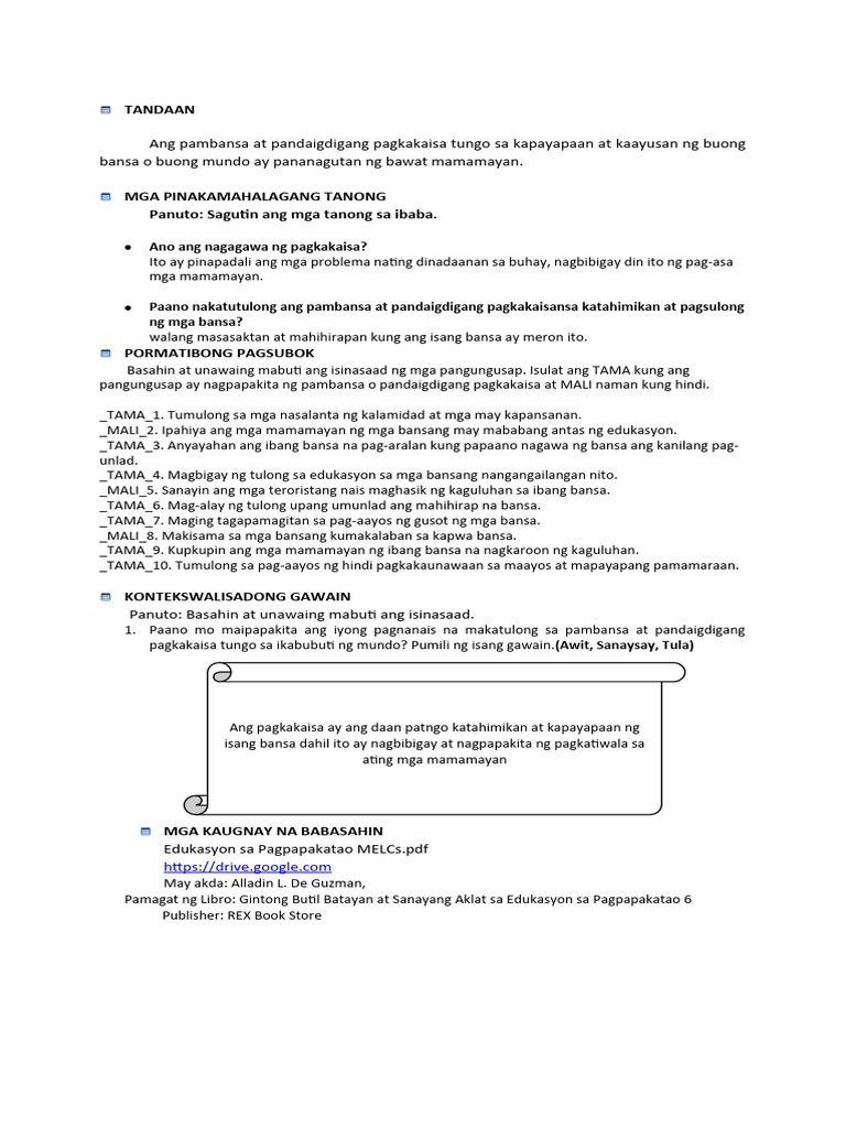 Aralin 15 Pandaigdigang Pagkakaisa | PDF