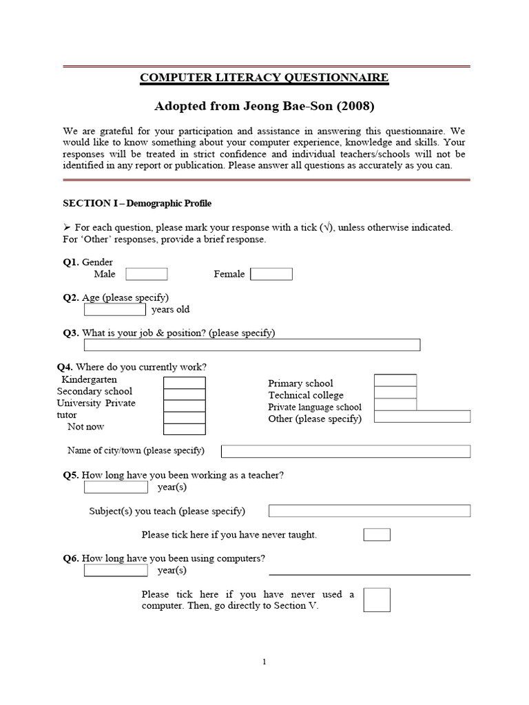 Computer Literacy Questionnaire IMPORTANT | PDF