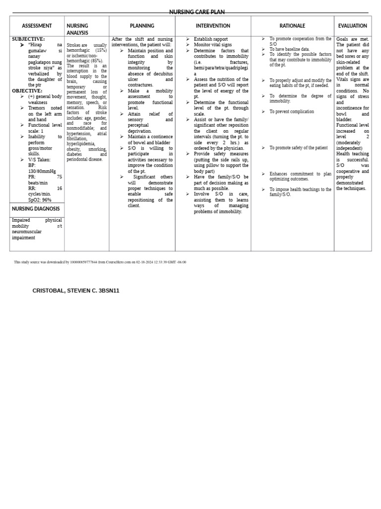 Nursing Care Plan Stroke | PDF | Stroke | Urinary Incontinence