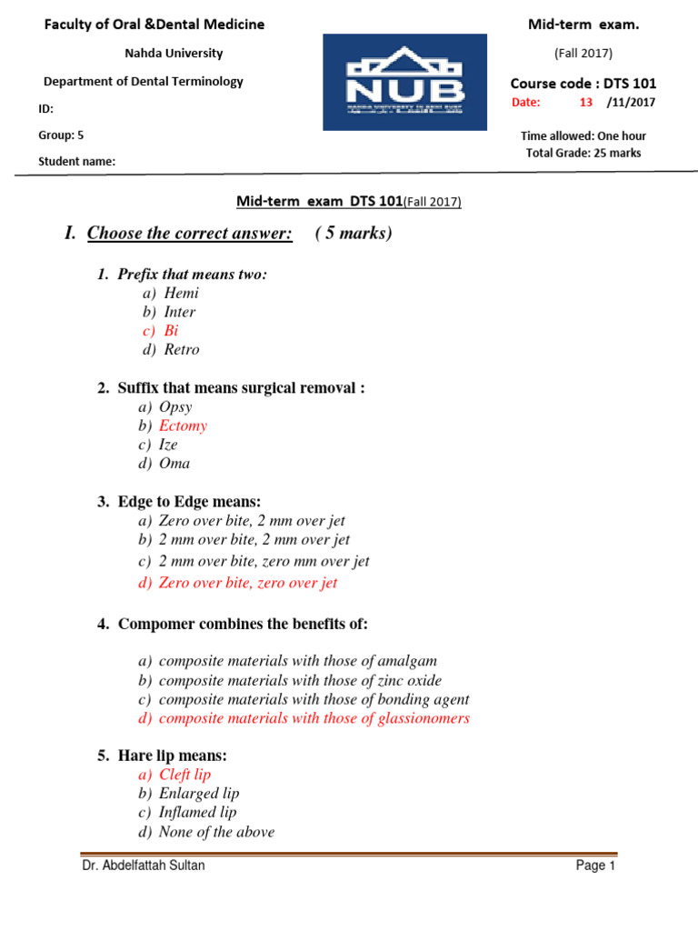 Mod. Ans G5 Mid Term Exam DTS 101 Fall 2017.Pdf - 114012 | Download Free PDF | Tooth | Medical ...
