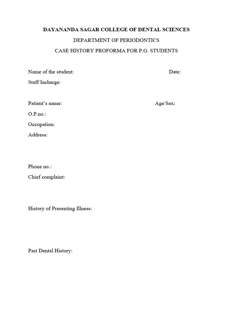 PG Case History Proforma MODIFIED | PDF | Oral Hygiene | Dentistry Branches