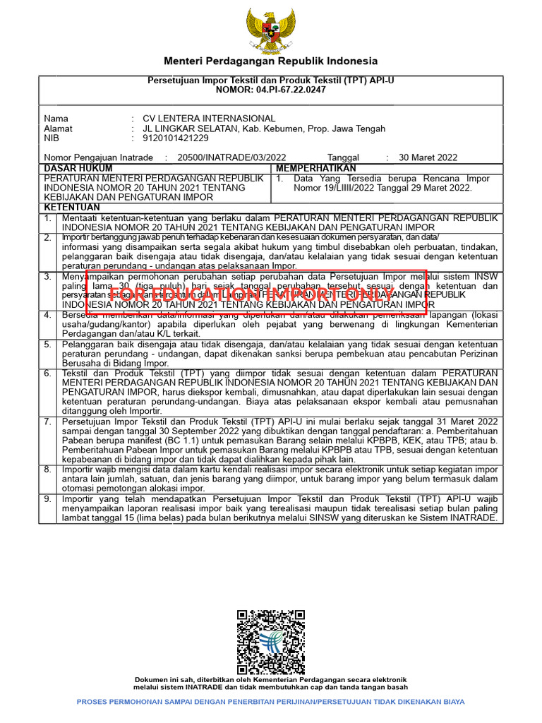 Persetujuan Impor TPT API-U 2022 | PDF