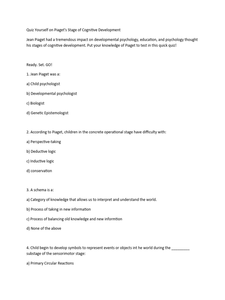 Quiz Piaget's Theory | PDF | Science & Mathematics