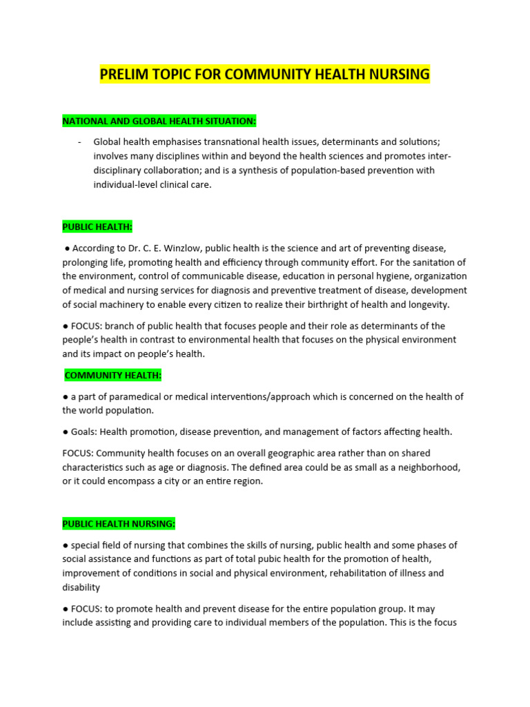 Prelim Topic For Community Health Nursing | PDF | Nursing | Public Health