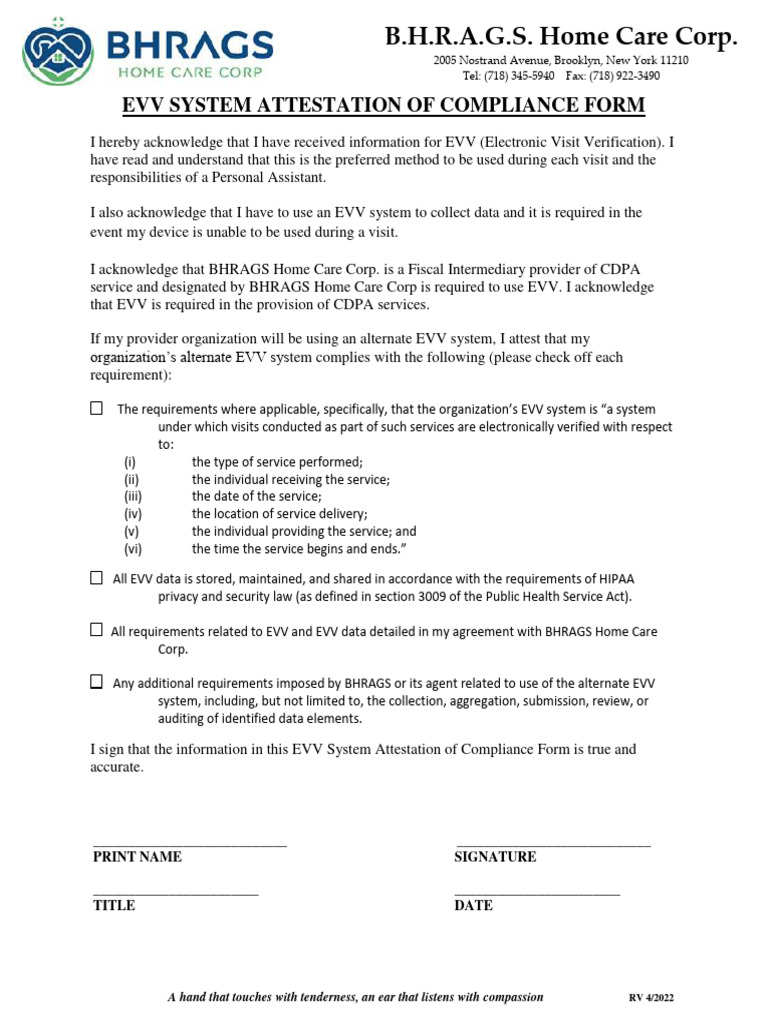 EVV SYSTEM ATTESTATION OF COMPLIANCE FORM For PA's | PDF | Regulatory ...