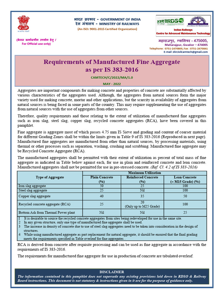 Pamphlet On Requirements of Manufactured Fine Aggregate As Per IS 383 ...