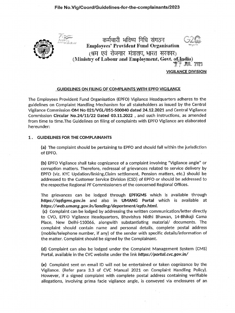 Vig Guidelines Filingofcomplaints 01082023 | PDF