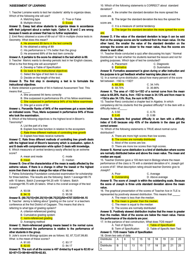 ASSESSMENT (Teacher Lorraine) WITH ANSWER | PDF | Mean | Multiple Choice