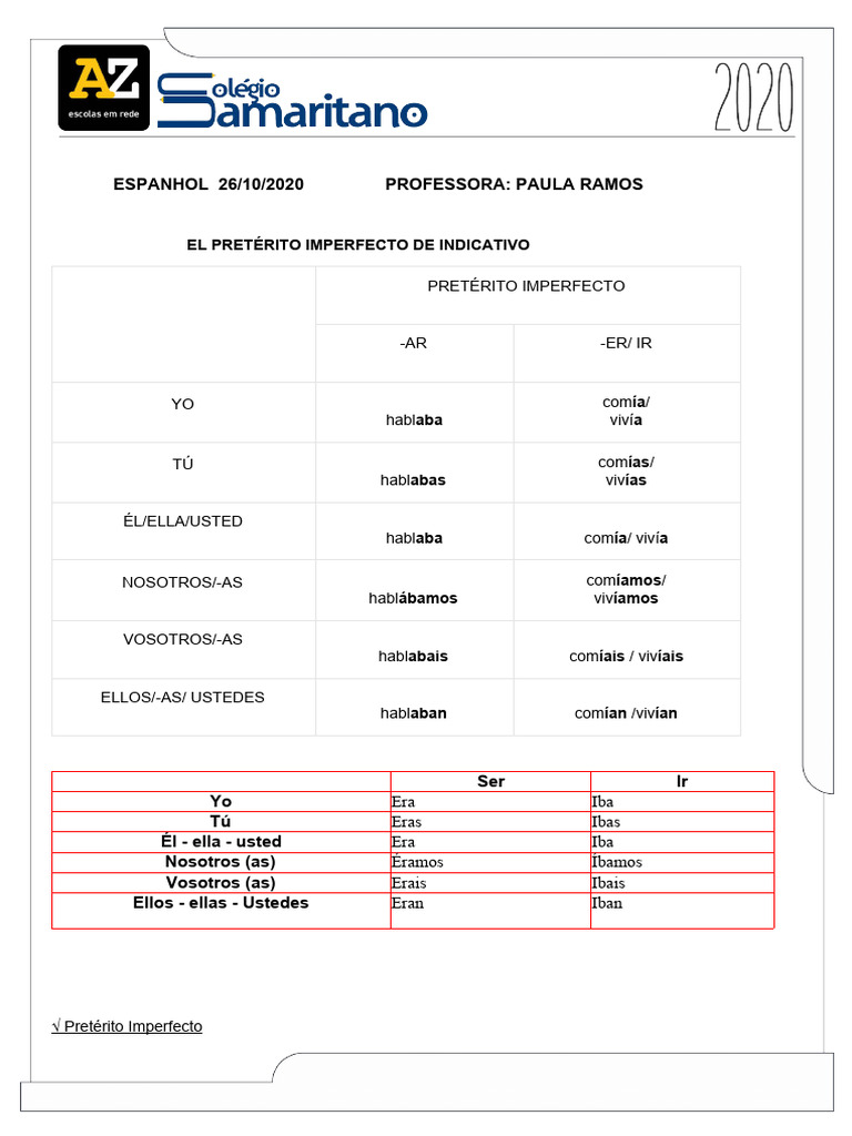ESPANHOL 26/10/2020 Professora: Paula Ramos: El Pretérito Imperfecto de ...