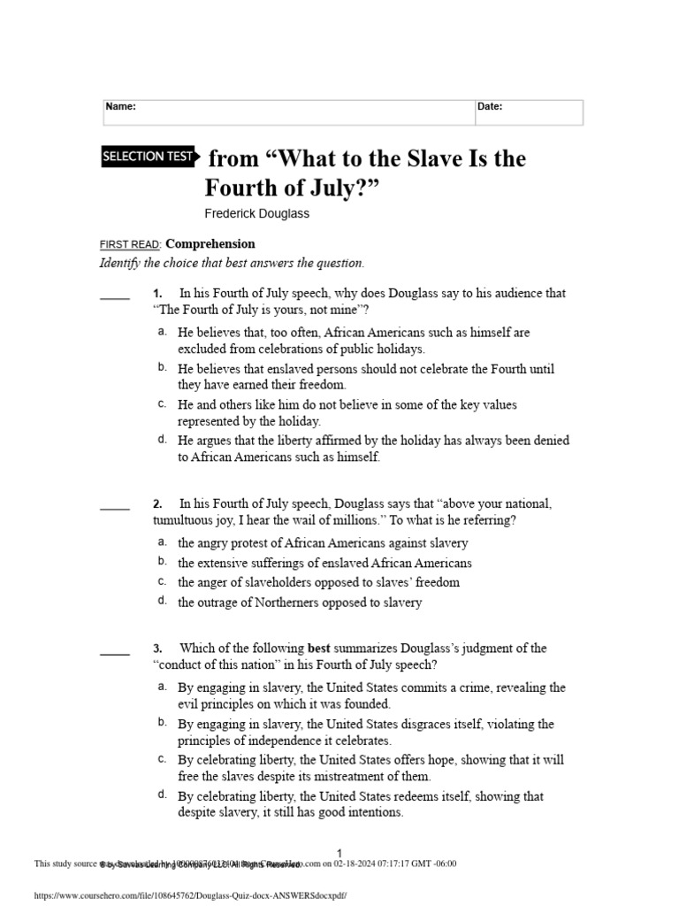 Douglass Quiz .Docx ANSWERS PDF | PDF | Frederick Douglass | Slavery