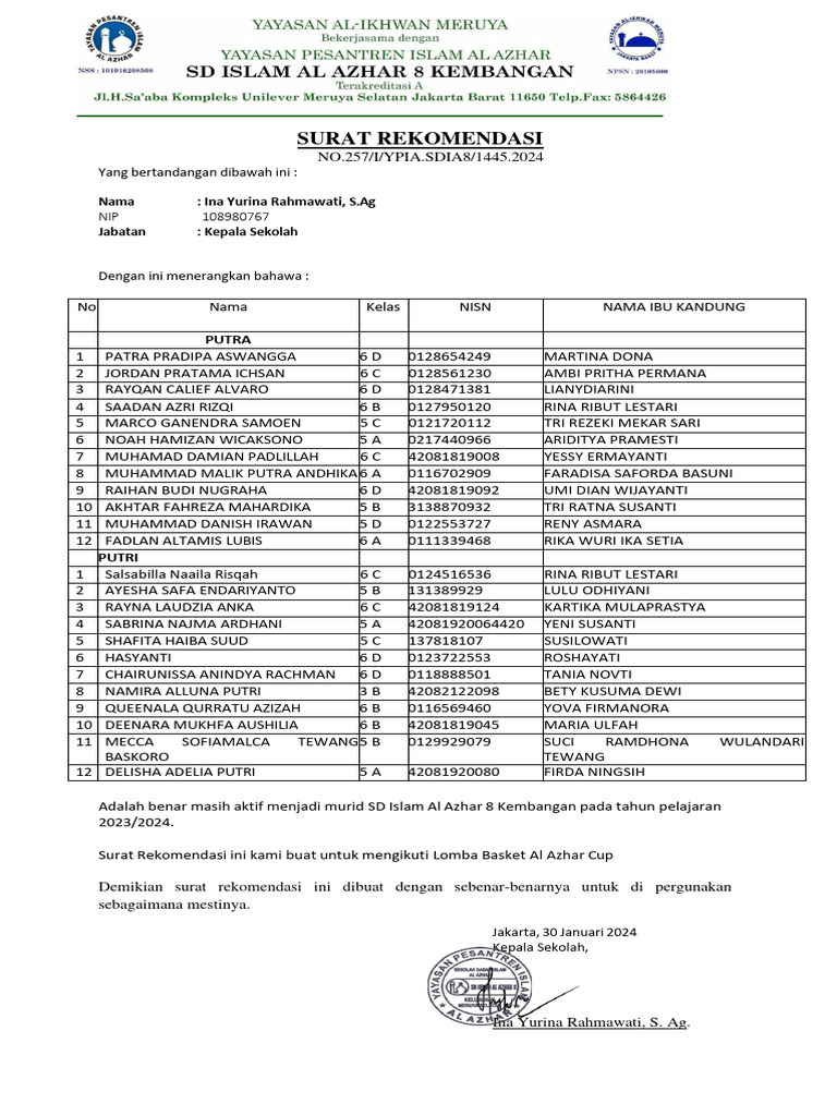 Surat Rekomendasi Lomba Basket Al Azhar Cup 2024 | PDF