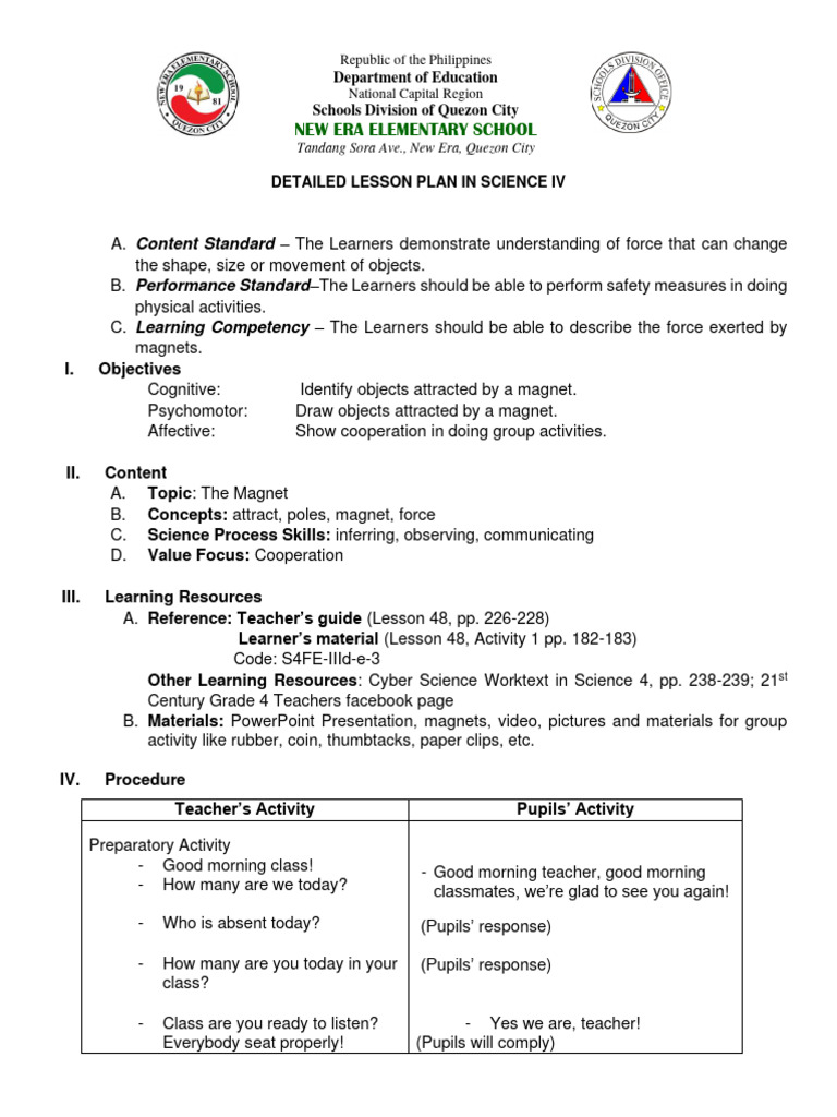 DETAILED LESSON PLAN IN SCIENCE IV (The Magnet) | PDF | Magnet | Learning