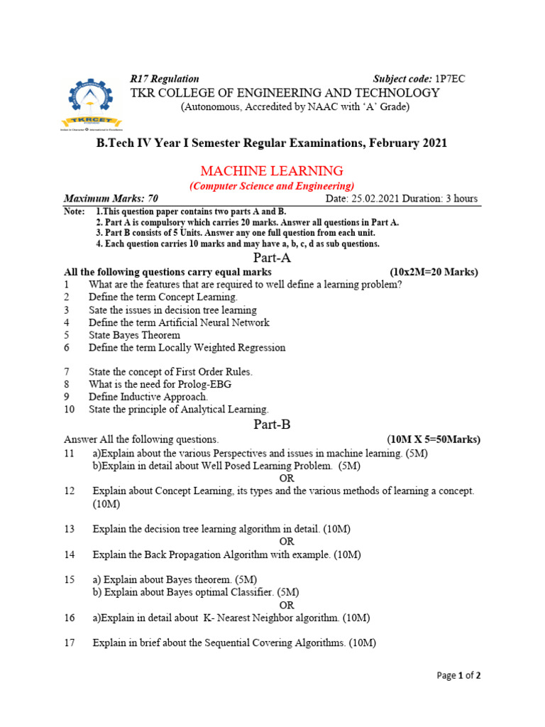 IV-I-Reg-MACHINE LEARNING | PDF | Machine Learning | Algorithms