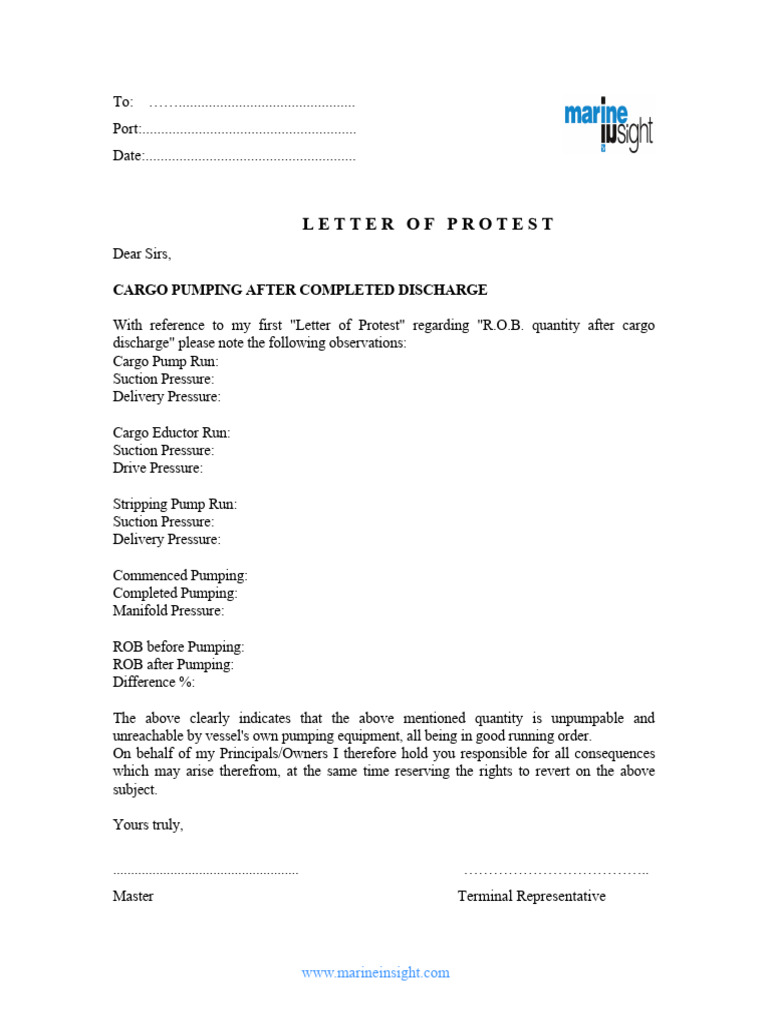 Letter of Protest Cargo Pumping After Completed Discharge | PDF
