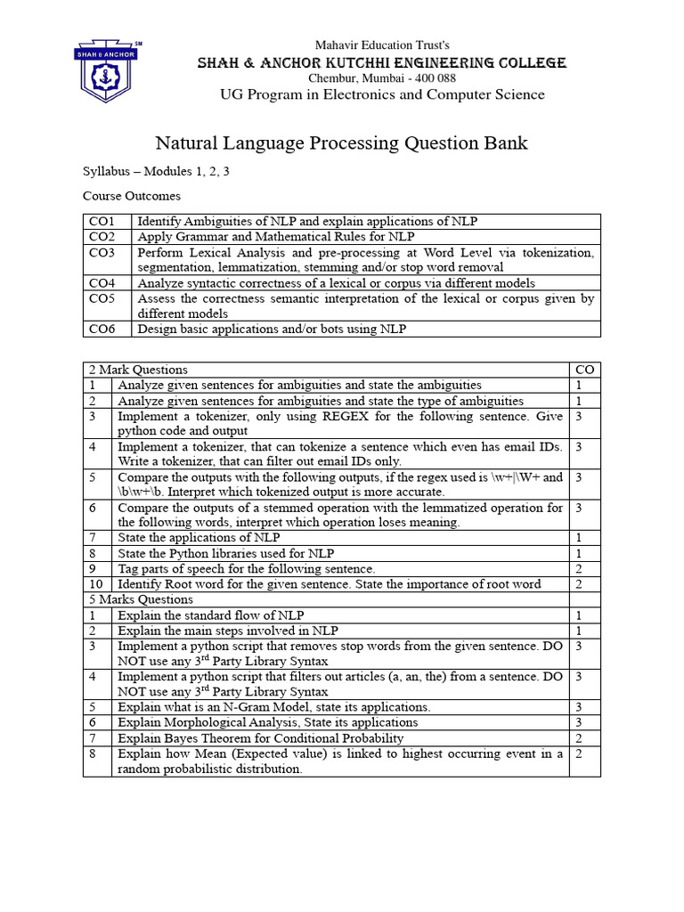 Qb Ia1 Nlp Qs Pdf Python Programming Language Ambiguity 9308