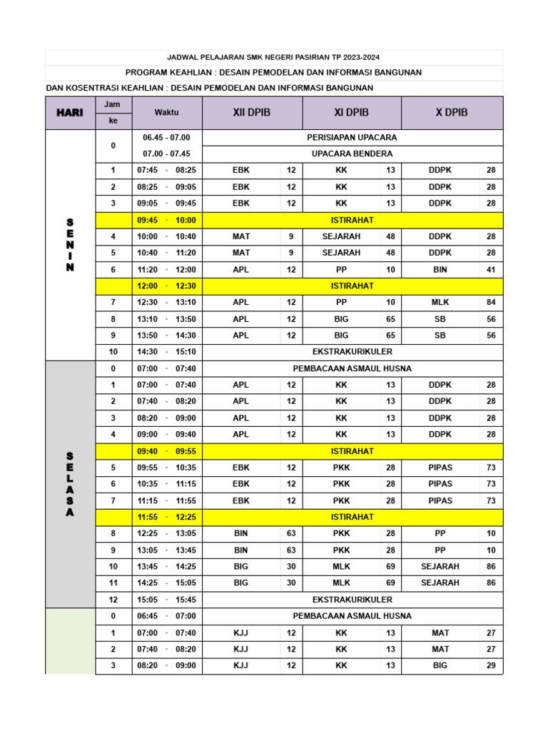 JADWAL PELAJARAN 2023 - 2024 Versi 2 | PDF