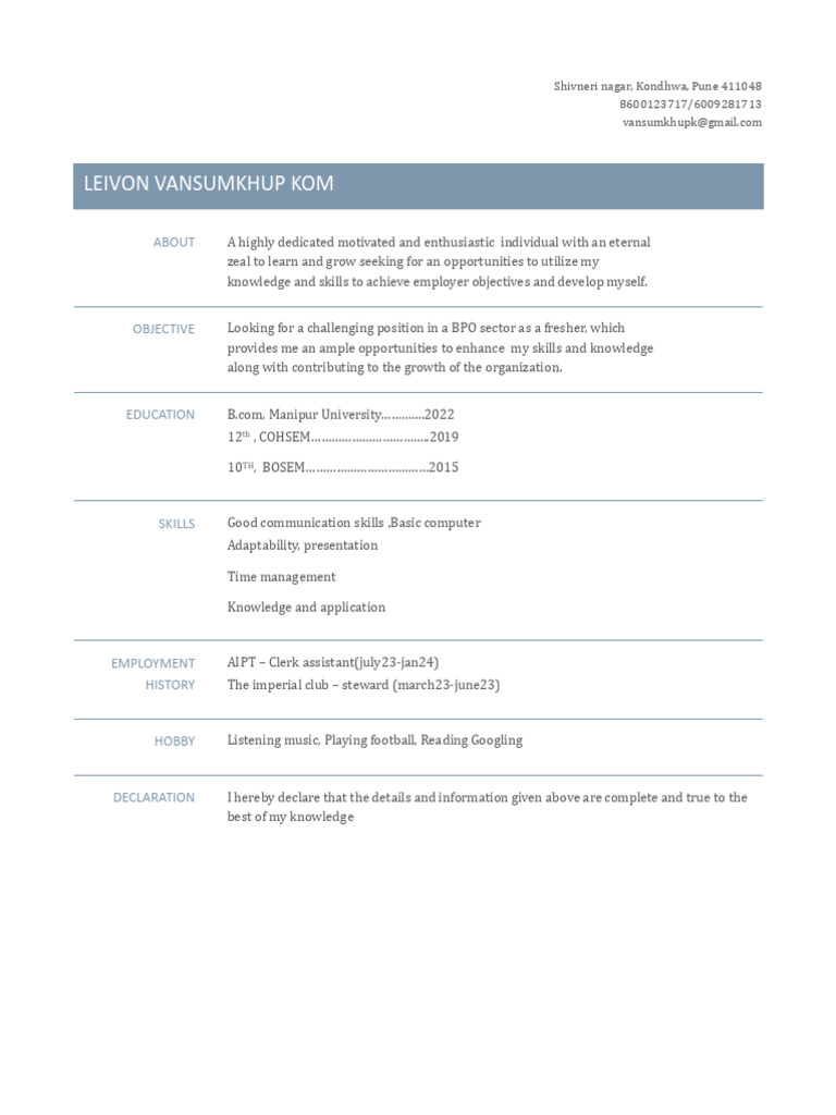 BPO Fresher Resume Sample | PDF