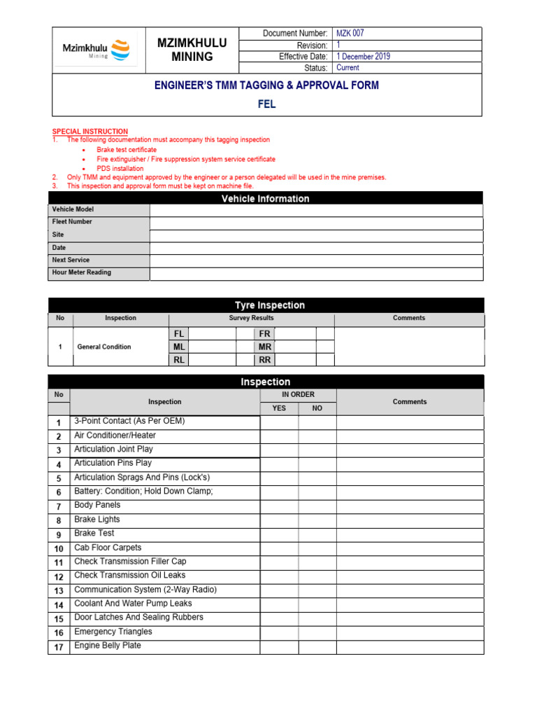 MZK007 - FEL Tagging Inspection | PDF | Belt (Mechanical) | Steering