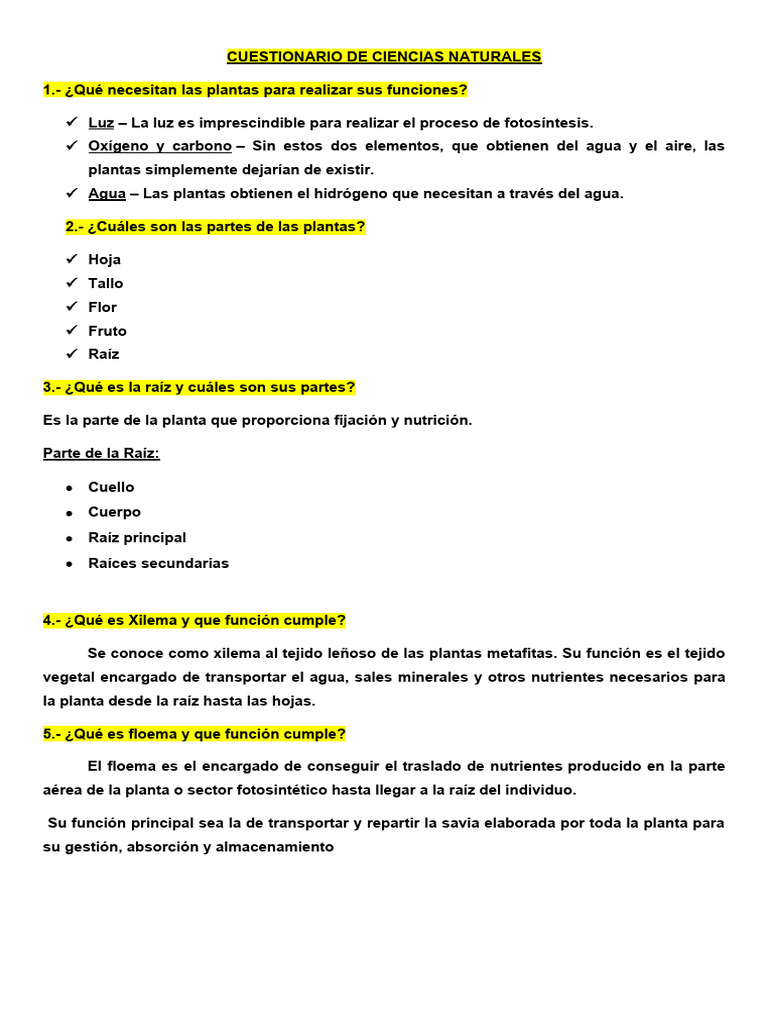 Cuestionario de Ciencias Naturales | PDF | Plantas | Raíz