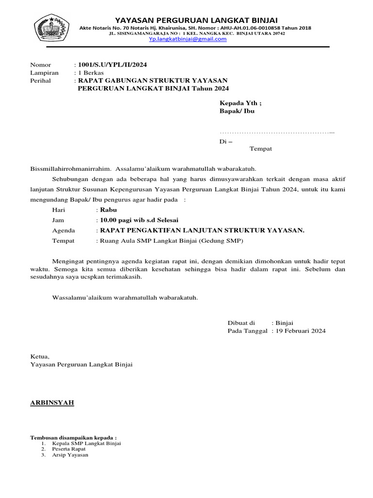 Surat Undangan Rapat Yayasan | PDF