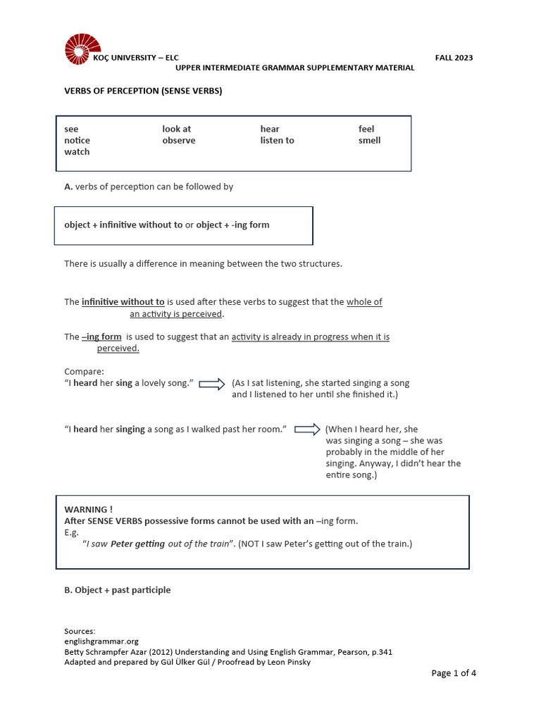 Verbs of Perception: Usage and Exercises | PDF | Verb | Perception