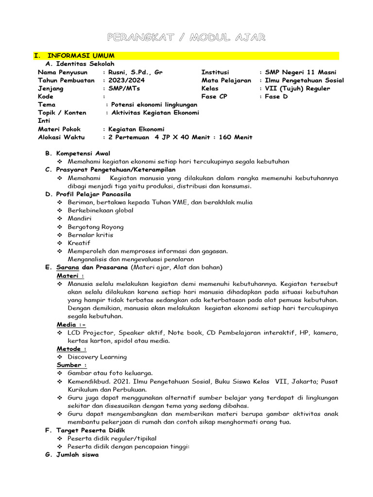 Modul Ajar PjBL Kegiatan Ekonomi SMP | PDF