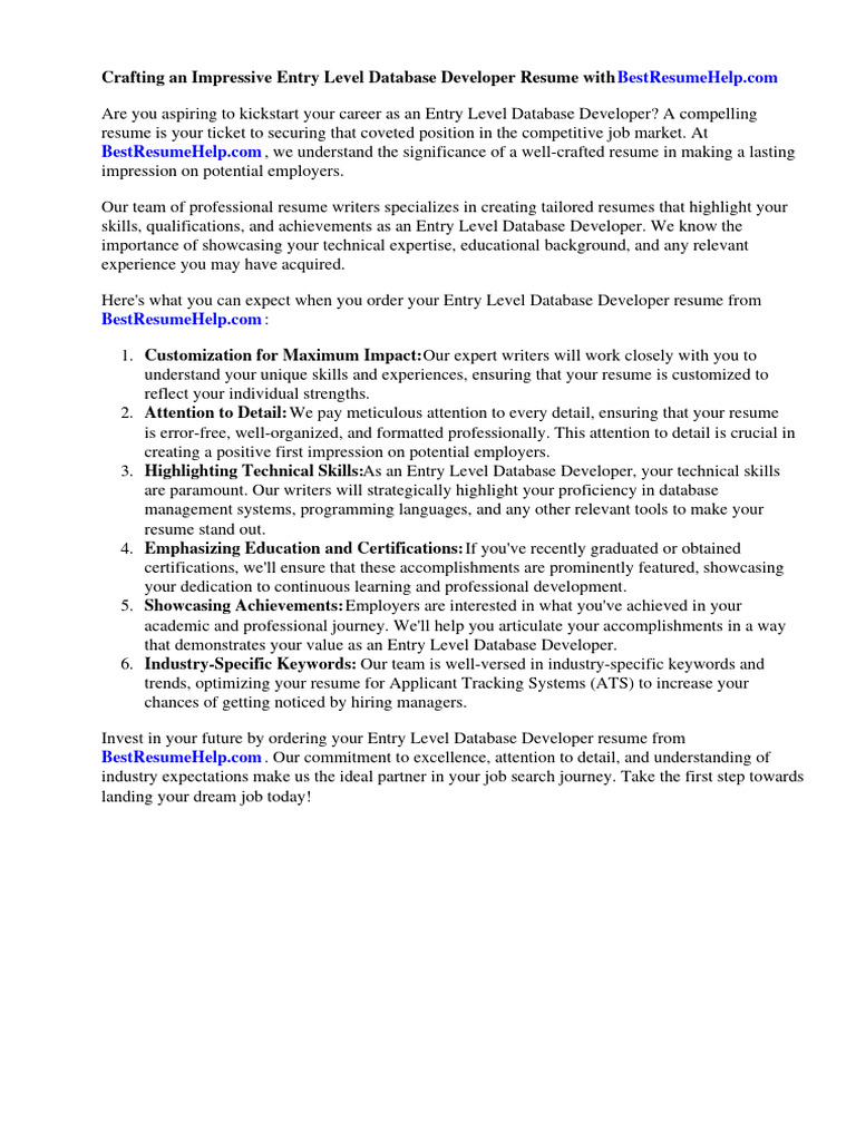 Entry Level Database Developer Resume | PDF | Databases | Microsoft Sql ...