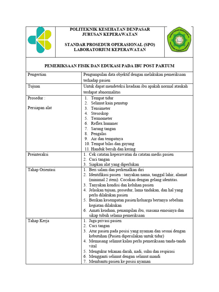 SOP Pemeriksaan Fisik Pada Post Partum | PDF