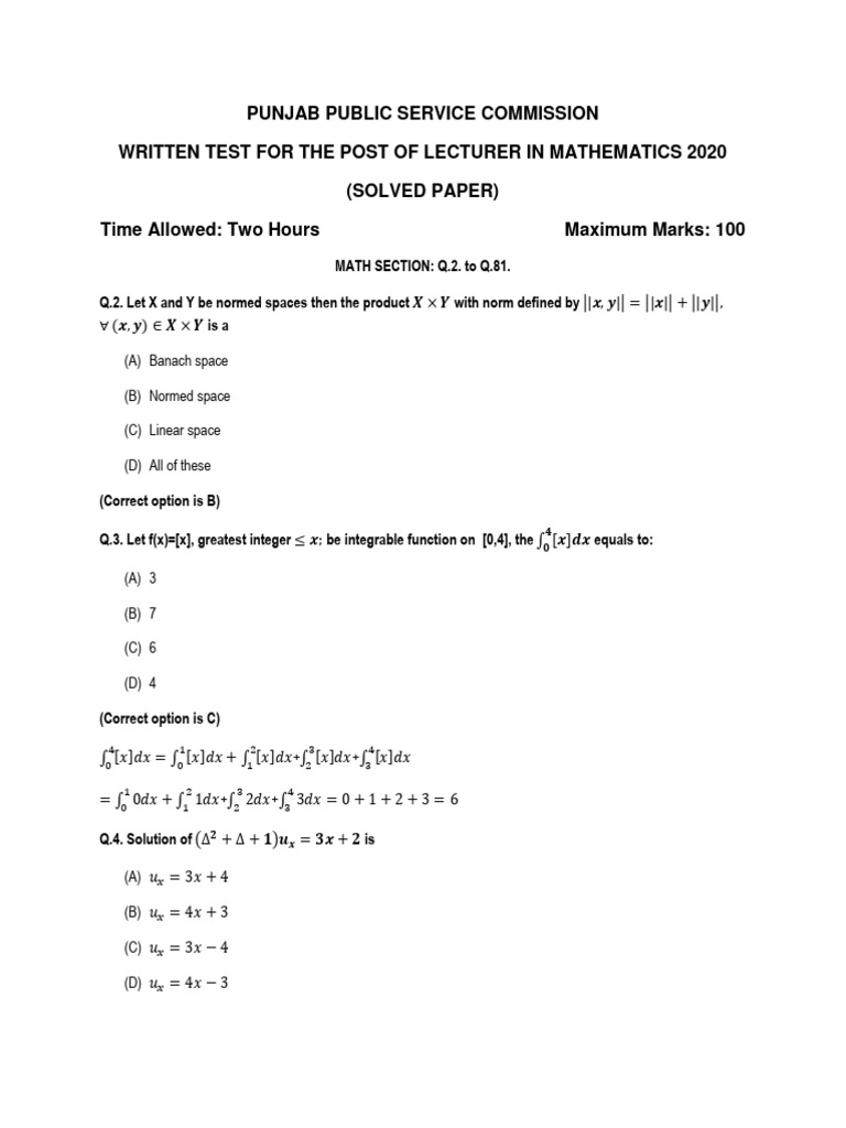 Solution PPSC 2020 Lecturer Math | PDF | Functions And Mappings | Mathematics
