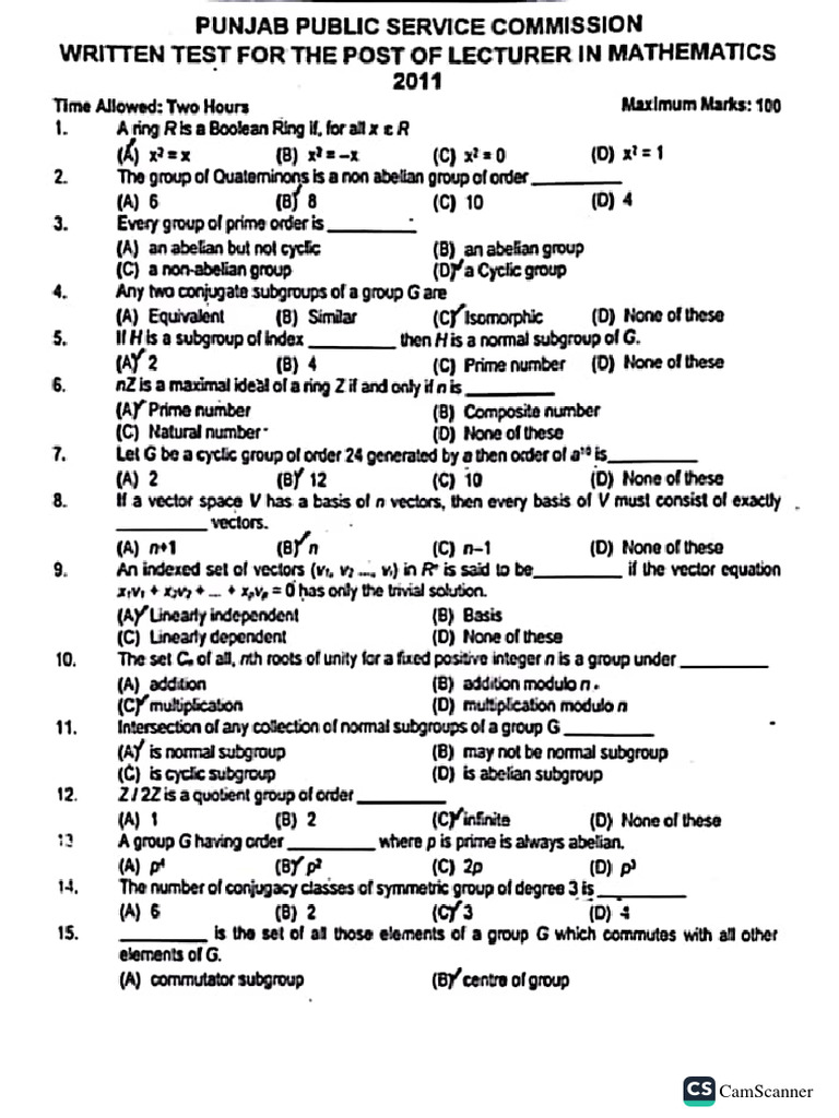 PPSC Lecturer Maths 2011 | PDF
