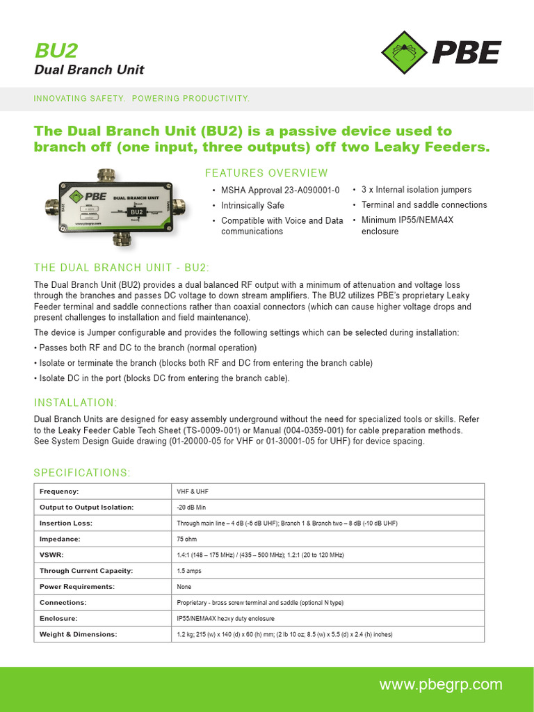 BU2 Dual Branch Unit Overview | PDF | Coaxial Cable | Ultra High Frequency