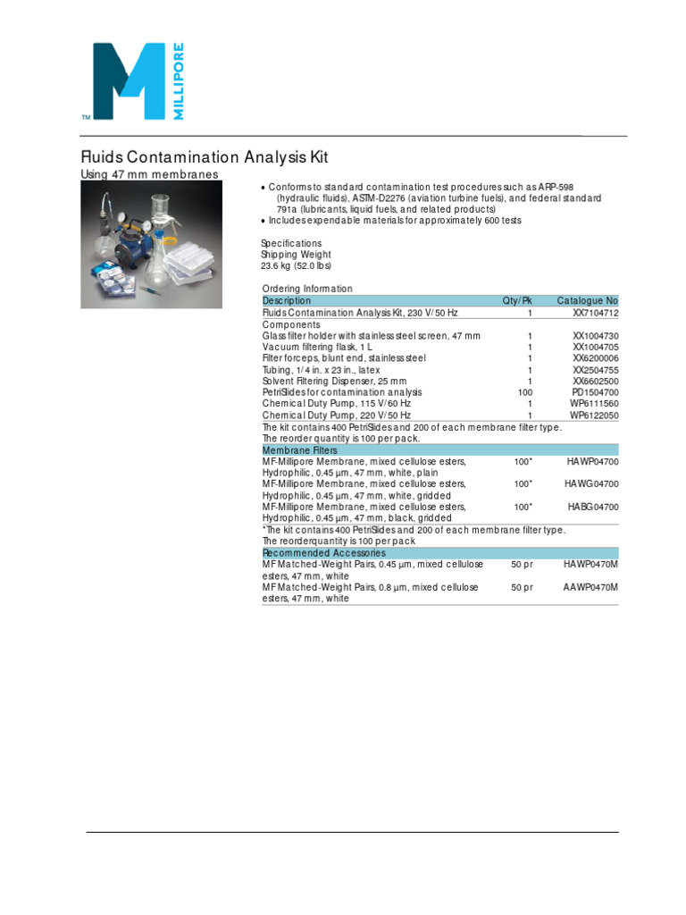 Fluids Contamination Analysis Kit | PDF | Filtration | Hydrophile